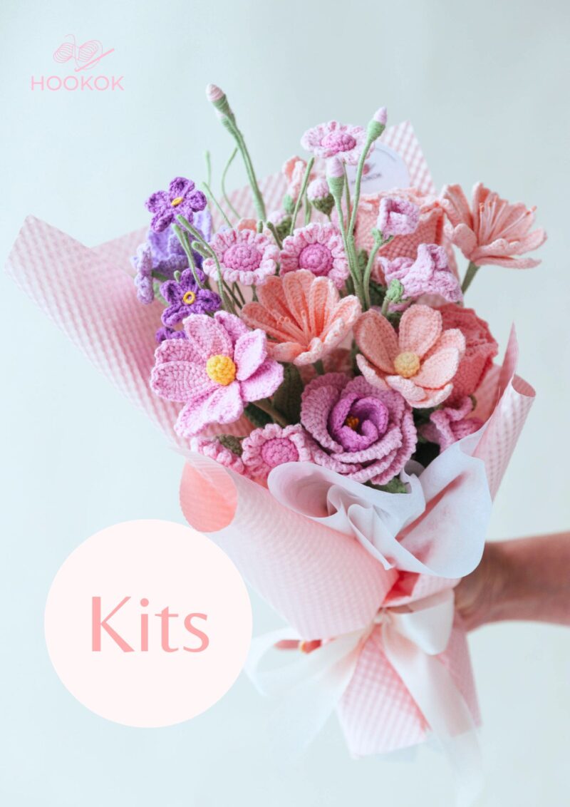 Pink French Rose and Gesang Bouquet Kit – with PDF pattern - Hookok