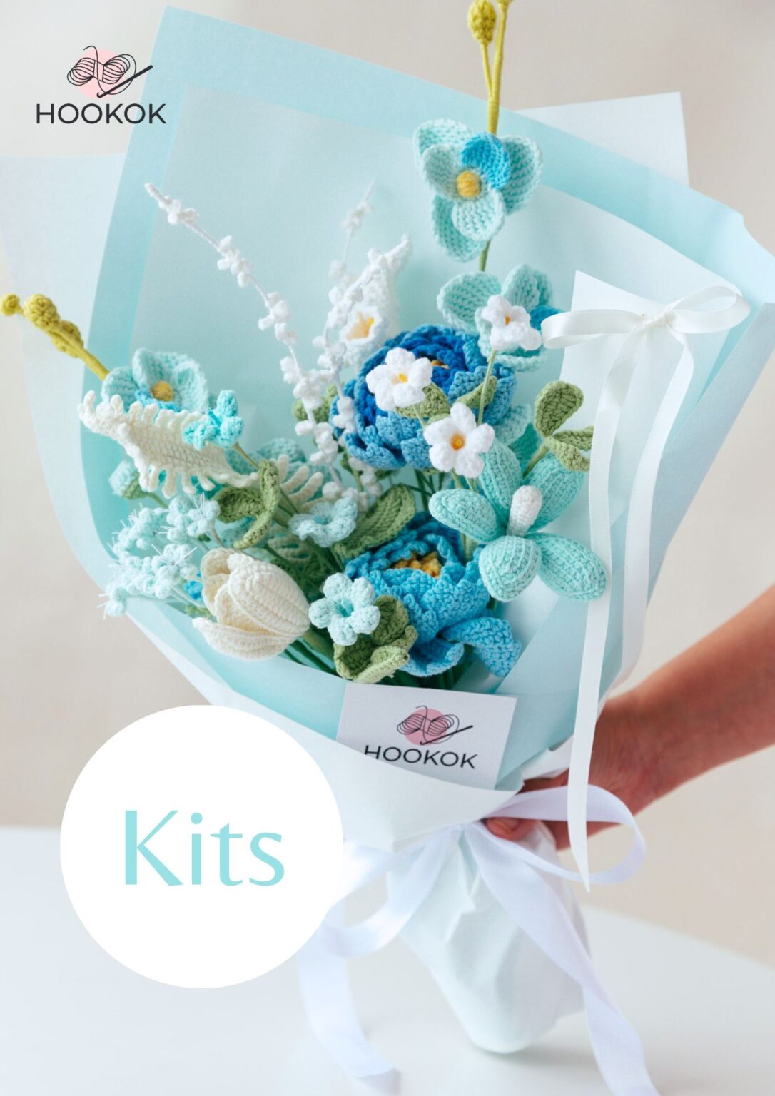 Blue Peony and Wood Sorrel Flower Bouquet Kit – with PDF pattern - Hookok